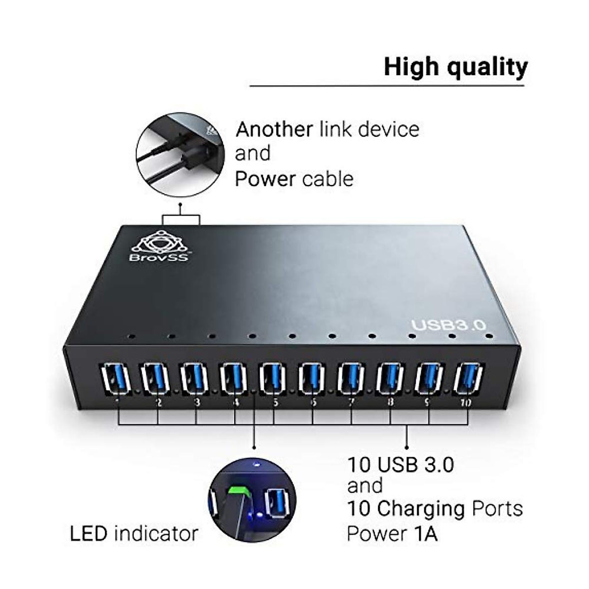 BrovSS: 10 Port Powered USB 3.0 Hub Aluminum - USB Hub Charger - Multiple Port Splitter Hub with 12V 5A 60W Power Adapter with USB Cable for Apple, Laptop, PC, USB Flash Drives, HDD Hard Drive (Black)