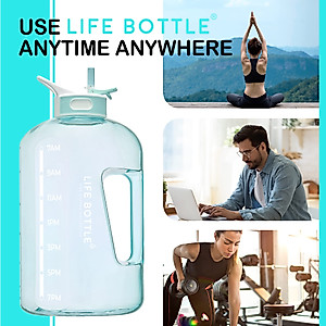 Life Bottle 1 Gallon Water Bottle with Straw Lid and Chug Lid, Big Leakproof Water Jug with Time Marker, No Quotes. 128 oz Water Bottle with Handle and Straw, BPA Free