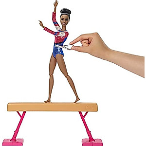 Barbie Gymnastics Playset with Doll and 15+ Accessories, Twirling Gymnast Toy with Balance Beam, Brunette Doll