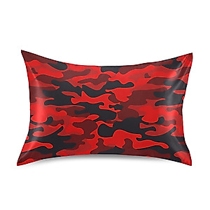 Red Camo Pillow Covers Silk Pillowcase for Hair and Skin Soft and Smooth Cooling Satin Pillowcase Standard Size Pillow Case for Women Bedroom Bed Sleeping (20x30 Inch)