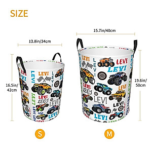 Personalized Mon-Ster Truck Laundry Hamper Gifts, Custom Trucks Laundry Basket With Name for Kids Boys Girls Adult, Collapsible Baby Laundry Hamper, Dirty Clothes Hamper With Handles 16.5x13.8 Inch