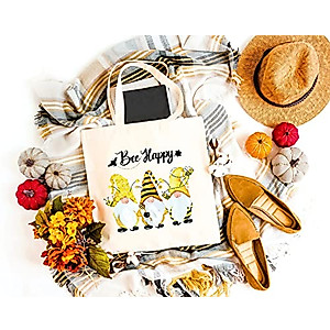 GXVUIS Bee Happy Canvas Tote Bag for Women Cute Gnomes Reusable Travel Grocery Shoulder Shopping Bags Girls Funny Gifts White