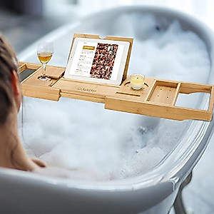 Bamboo Extension Tray for The Bathroom and Relaxation Tool for The Bath, with Holder for Cellphone, Tablet, Candles and More