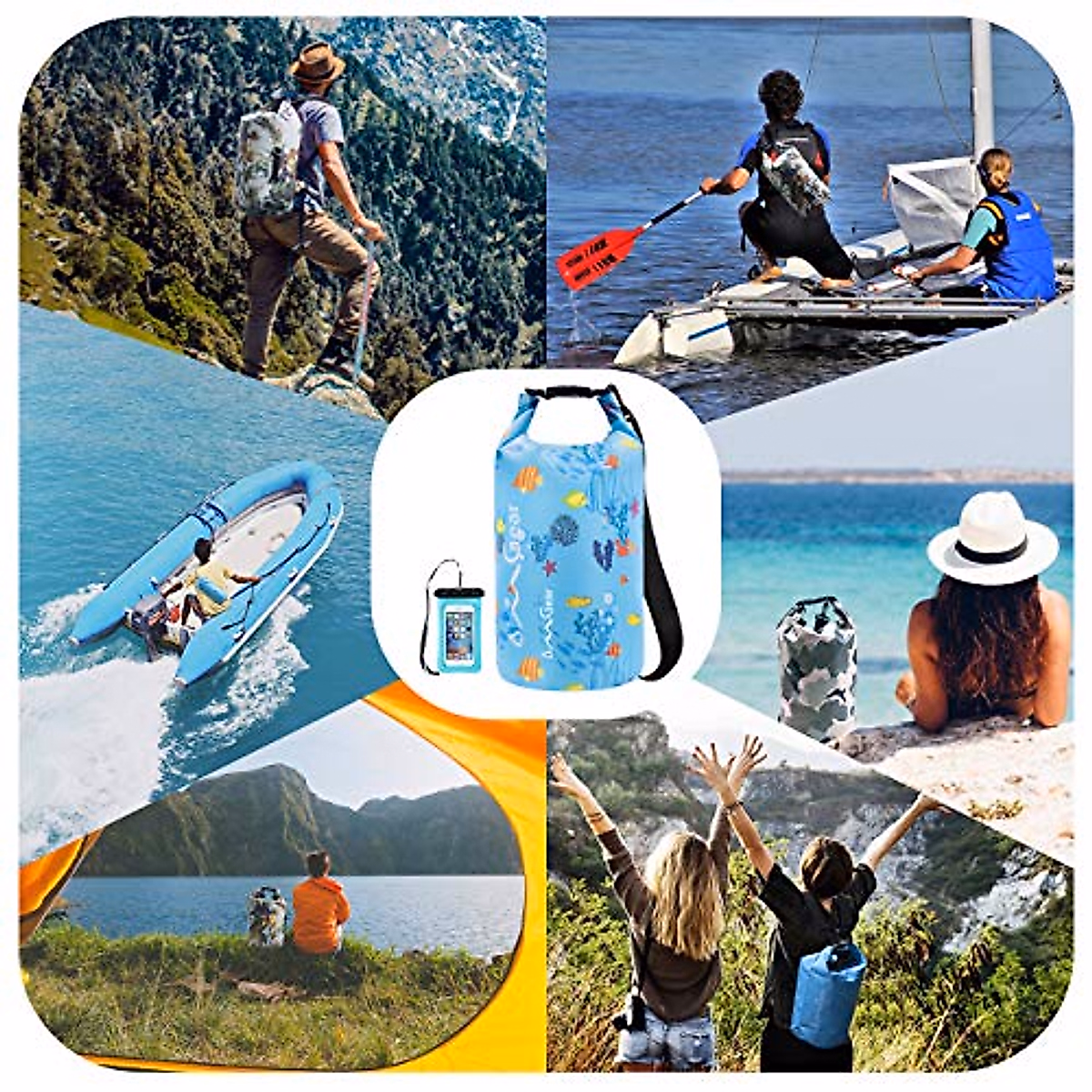 OMGear Waterproof Dry Bag Camping Gear Must Haves Dry Sack With Phone Pouch 40L/30L/20L/10L/5L Essentials for Kayaking Beach Boating River Paddling (Blue Fish,2L)