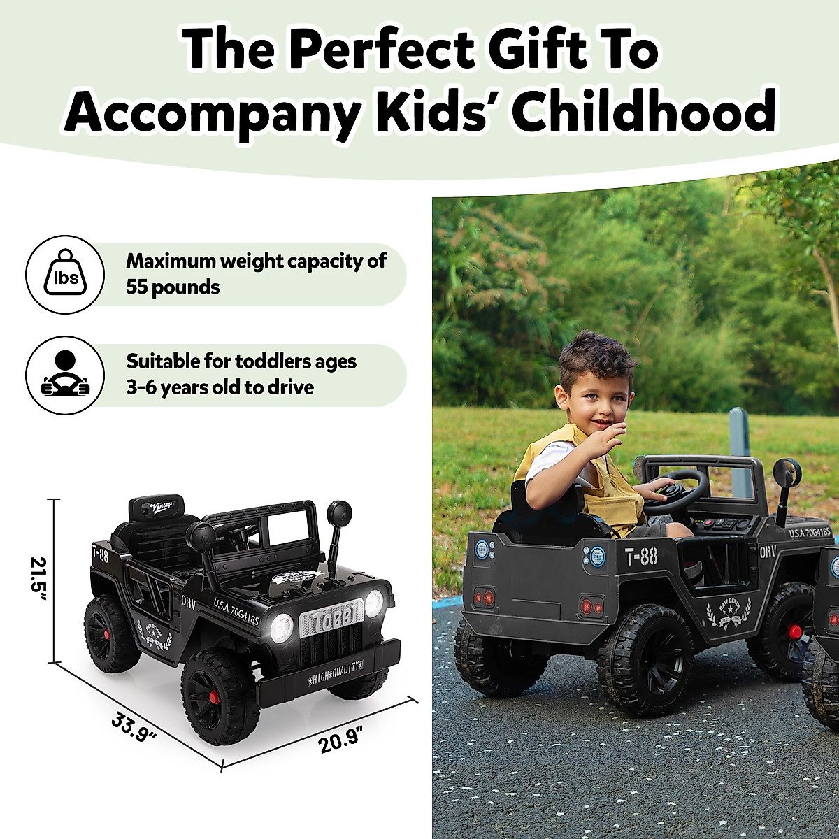 TOBBI 12V Off-Road Kids Ride On Car Truck, Battery Powered 4 Wheels Ride On Toys for Boys and Girls Aged 2-6 Years w/Horn, LED Lights, Portable Pull Rod, Double Open Doors, Orange