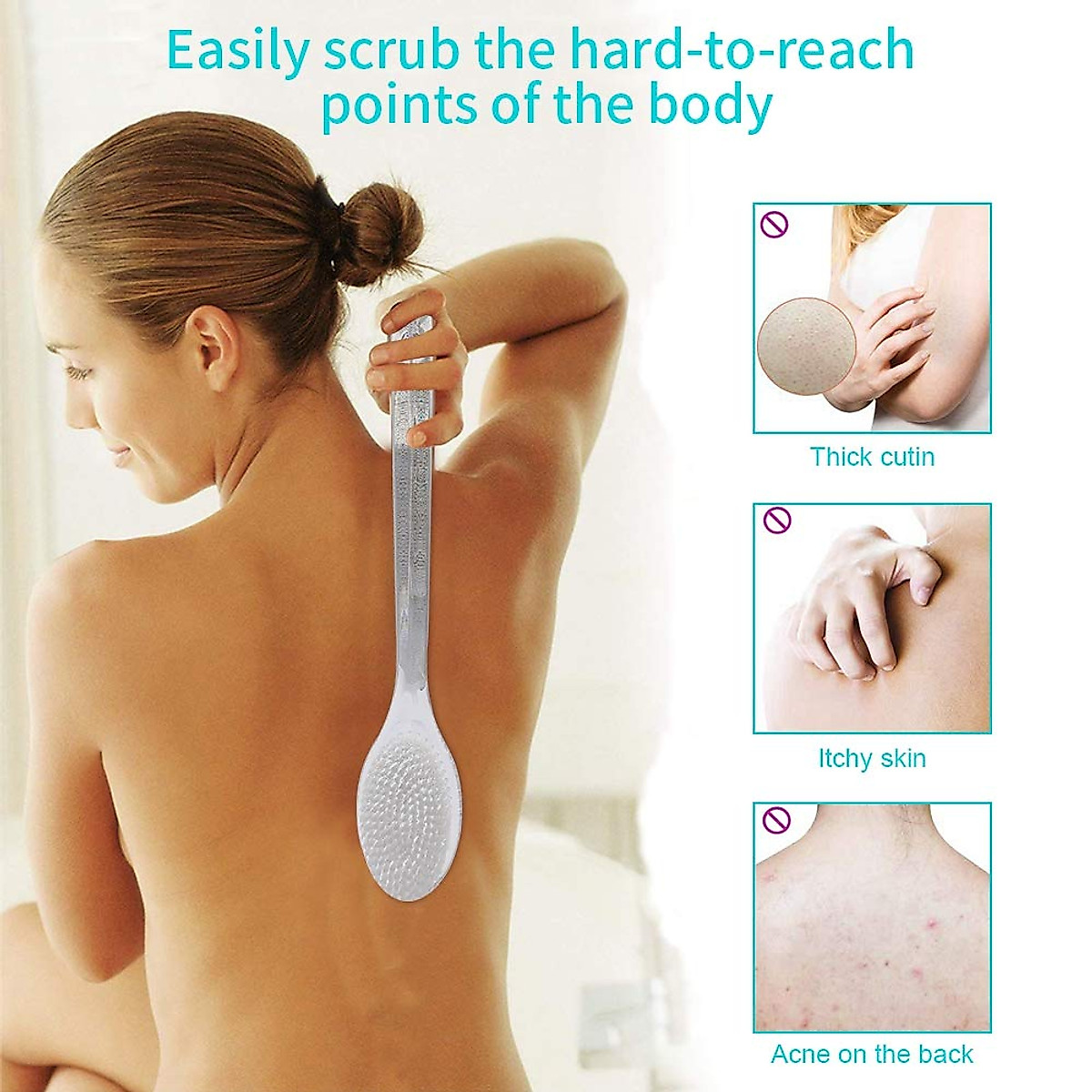 Mczxon Body Brush Dry Brushing Back Scrubber with Curved Plastic Long Handle Clear Bath Shower Brush Dry Skin Exfoliating Cellulite Brush for Men and Women(Transparent Handle)