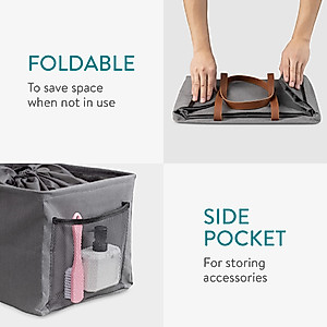 Navaris Collapsible Laundry Baskets - Set of 2 - Foldable Washing Hampers - Clothes Storage Bins with Fabric Drawstring Lid & Side Handles - Gray