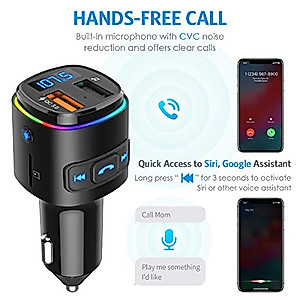 Upgraded Criacr V5.0 Bluetooth FM Transmitter for Car, QC3.0 Charge & 7 RGB Color LED Backlit Wireless FM Radio Car Adapter, Support Siri Google Assitant, U Disk, SD Card, Hands-Free Calls Kit