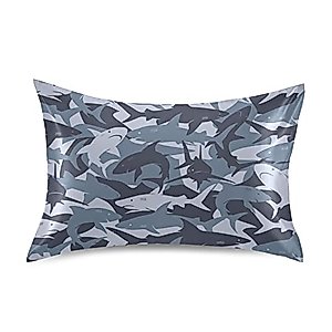 Sharks Camo Pillow Covers Silk Pillowcase for Hair and Skin Breathable & Silky Soft Satin Pillowcase Standard Size Pillow Case for Bedroom Bed Women Boys Girls (20x26 Inch)
