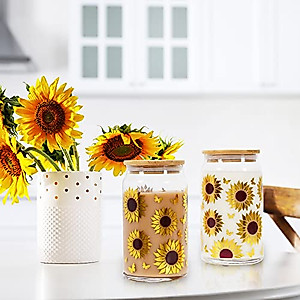 Whaline Glitter Sunflower Beer Can Glasses with Bamboo Lids and Straw Summer Sunflower Drinking Glasses Iced Coffee Cup for Holiday Travel Cocktails Whiskey Beer Soda Gifts, 2Pcs