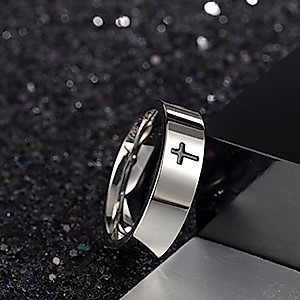 COLORFUL BLING 6MM Simple Polished Engraved Cross Stackable Ring Stainless Steel Silver Christian Cross Ring Sideways Religious Wedding Band Jewelry-10
