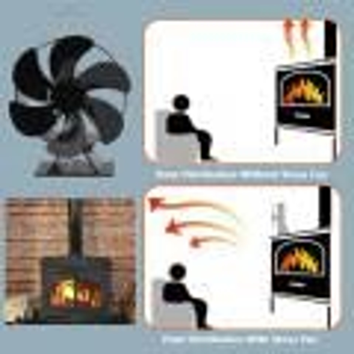 Ymiko 6 Blades Fireplace Fan Thermoelectric Wood Stove Fan Heat Powered Air Circulation for Home
