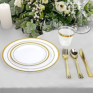 600 Piece Wedding Party Plates Disposable Dinnerware Set 100 Guests -By Zulzzy -100 Gold Plastic Plates, 100 Gold Salad Plates, 100 Gold Plastic Silverware Set, 100 Gold Plastic Cups