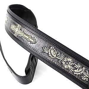 Walker and Williams KB-02-BLK Handmade Distressed Black Carving Leather Padded Guitar Strap With Floral Skull & Christian Cross For Acoustic, Electric And Bass Guitars