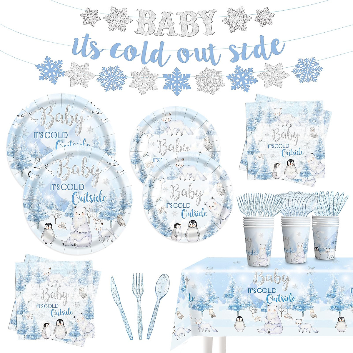 170pcs Winter Woodland Baby Shower Decorations Arctic Animals Plates Napkins Baby It's Cold Outside Snowflake Penguin Arctic Fox Tableware Set Banner Tablecloth for 24 Guests