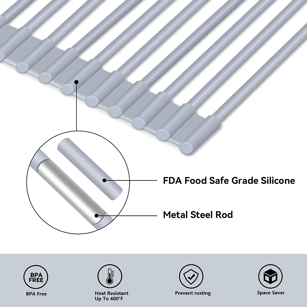 Tiilan Roll Up Dish Drying Rack Over The Sink, Dish Drainer, Heat Resistant Trivet Mat for Kitchen - Full Silicone Coating - Warm Gray, 20.5" x 13"