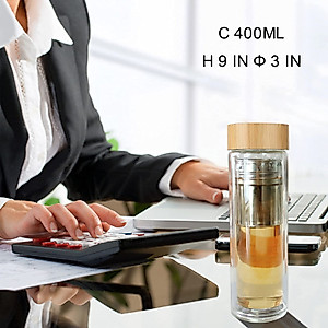 COMI Tea Bottle, 14 oz, Borosilicate Glass, Double Wall, Infuser & Strainer, Bamboo Lid, 400ml