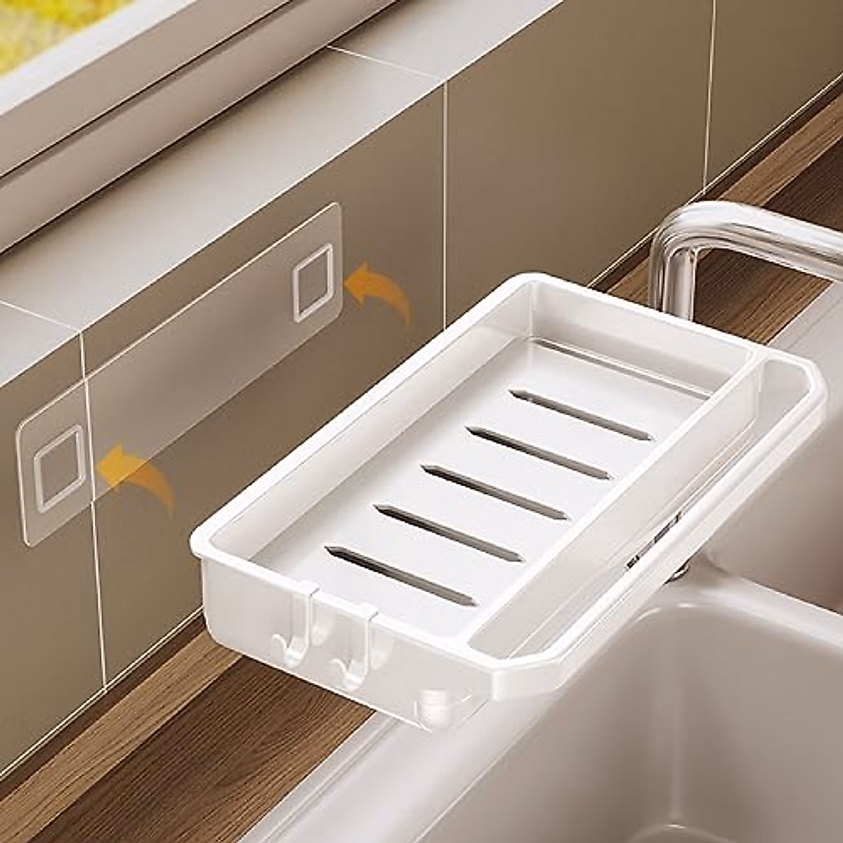 ZYLLZY Kitchen Storage Drain Rack, Kitchen Storage Drain Rack with 2 Hanging Hook No Punching Rag Washing Cloth Faucet Wall Mounted Holder, Faucet Sponge Holder Kitchen Sink Caddy Organizer (White)