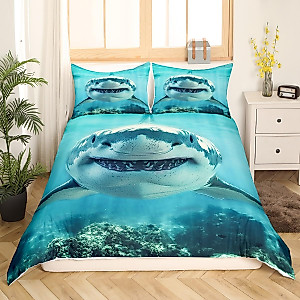 Shark Pattern Bedding Set Twin Size for Kids Boys Bedroom,Sea Animals Bed Duvet Cover Set,Shark Fish Print Comforter Cover Hawaiian Beach Decor 2 Pieces 1 Duvet Cover with 1 Pillowcase（No Comforter）