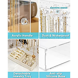 boailydi Acrylic Necklace Holder, Necklace Organizer, Rotatable Clear Jewelry Organizer Display Case for Long Necklaces Pendant Bracelets, Jewelry Holder with Beige Velvet Tray for Rings Earrings