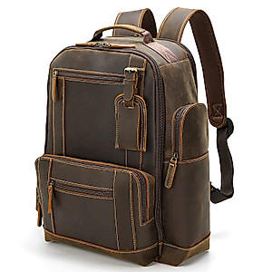 Polare Vintage Full Grain Leather 15.6 Inch Laptop Backpack For Men Camping Travel Daypack Rucksack Dark Brown