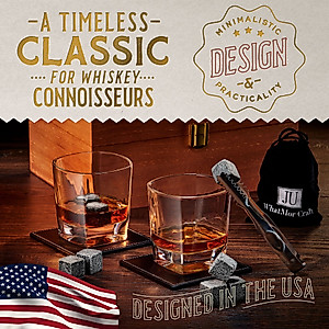 Whiskey Glass Set with Whiskey Stones in Wood Gift Box, Set of 2 Classic-Shape Whiskey Glasses,8 Chilling Stones, Pouch, 2 Coasters & Tongs—Whiskey Gifts for Men, Birthday Gifts, Alcohol Gift Sets