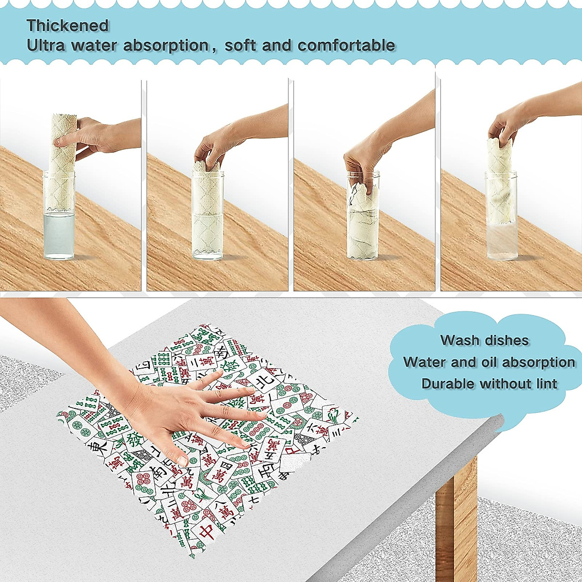 KLL Mahjong Kitchen Dishcloths Set of 6 Cleaning Towels for Drying Dishes Scrubbing Wash Cloth for Sink Cooking Baking Table 11 x 11 in