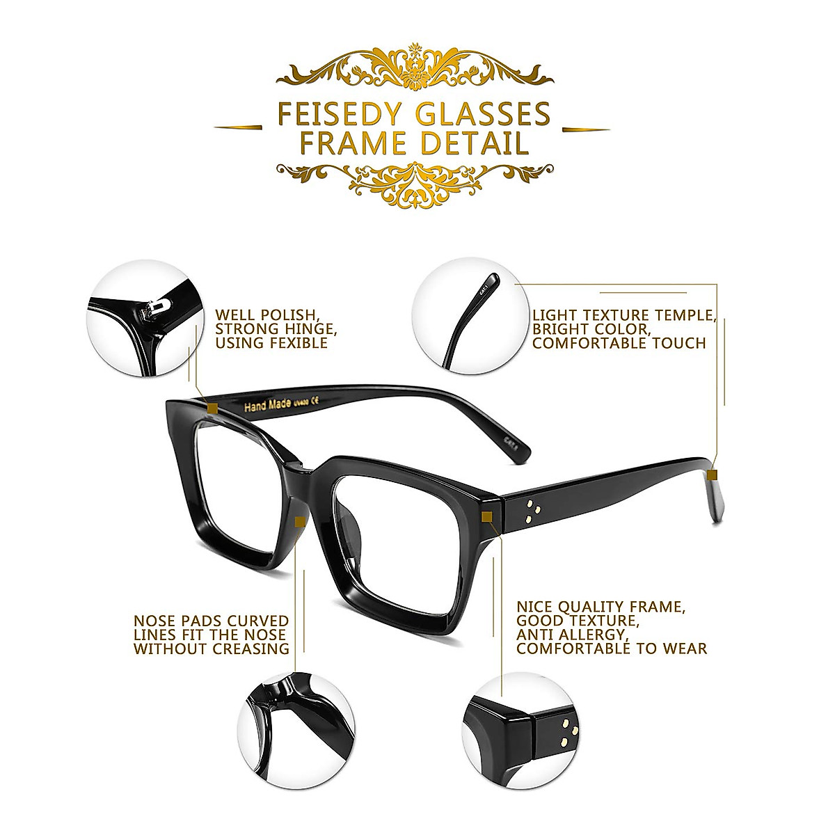 FEISEDY Blue Light Blocking Glasses Men Women Classic Thick Square Rim Frame Eyeglasses B2661