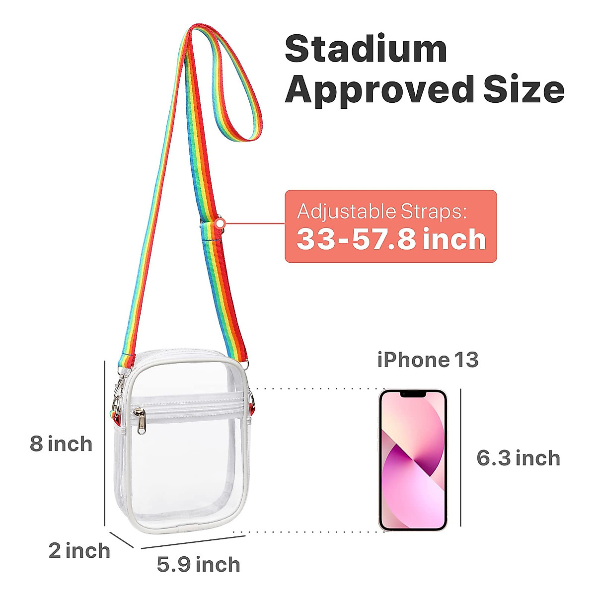 F-color Clear Bag Stadium Approved, Clear Purse for Concerts Sports Events Festivals, Clear Bags for Women with Adjustable Rainbow Strap, White