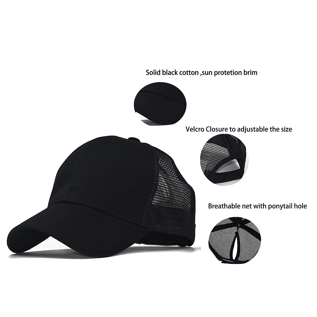 Solid Ponytail Hat Baseball Cap Cotton Mesh High Bun Pony Cap Women 56-58cm (22"-23") (Black_and_Grey_2pcs, Adjustable, m)