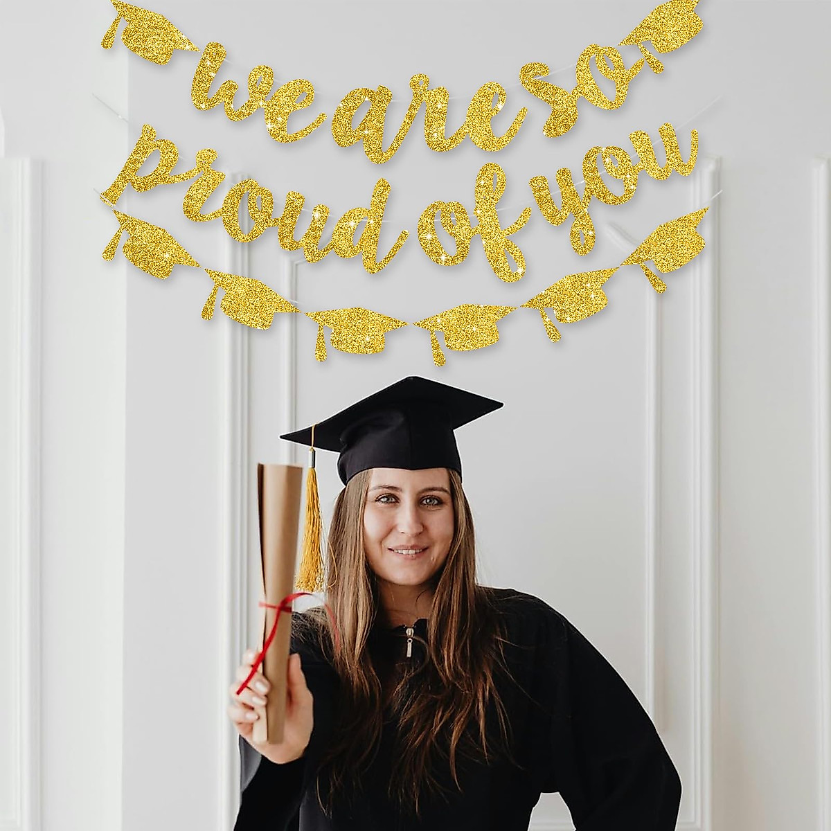 BEISHIDA Gold We are So Proud of You Banner(pre-strung),2024 Graduation Banners, Grad Congrats Class of 2024 Party Supplies,Garland for Congratulation Graduation Decor.