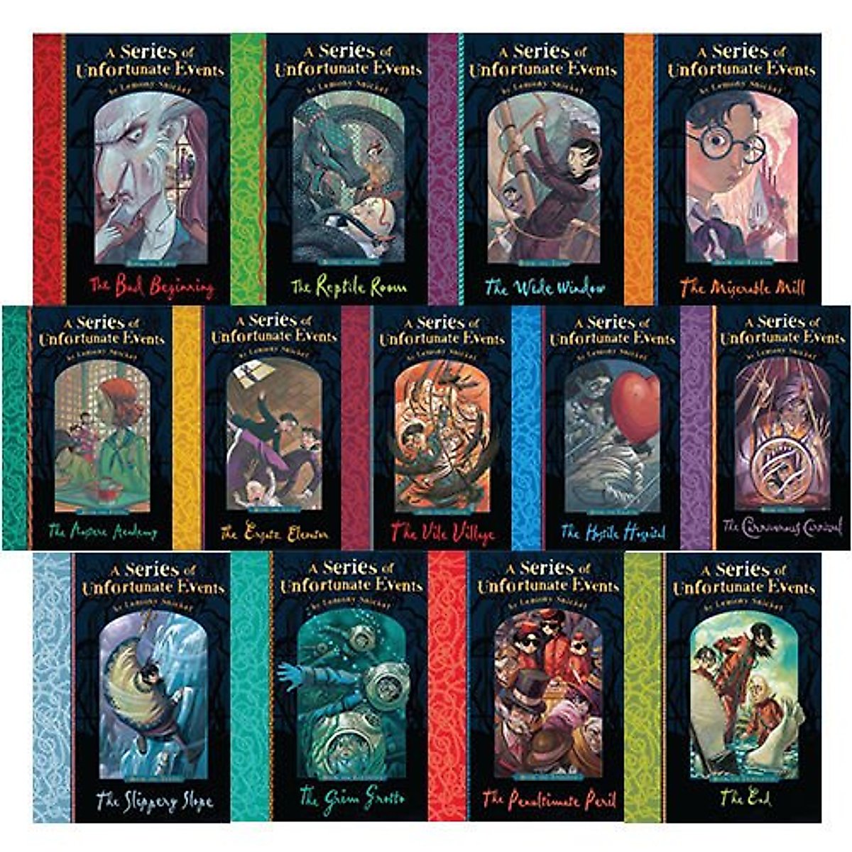 A Series of Unfortunate Events Lemony Snicket 13 Books Collection Pack Set (Includes the Bad Beginning, the Reptile Room, the Wide Window, the Miserable Mill, the Austere Academy, the Grim Grotto, the Penultimate Peril, the End)
