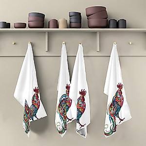 Exnundod Chicken Kitchen Dish Towel Set of 4, Ethnic Rooster Tea Towels Decorative 18x28in Reusable Thin Absorbent Microfiber Dishcloth for Drying Wiping Cleaning Decorative