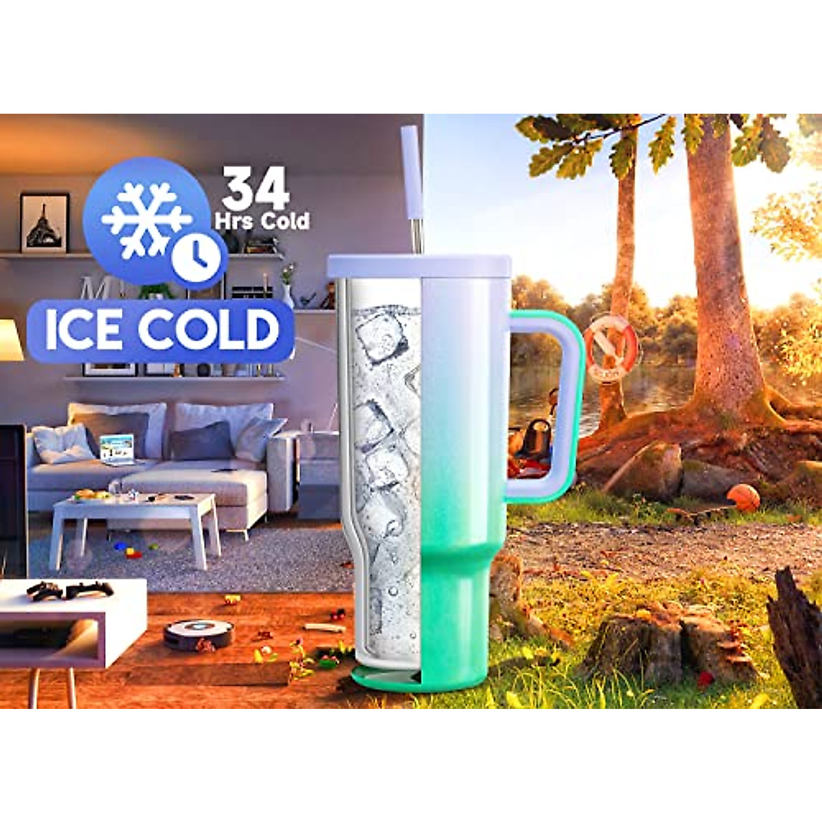 Meoky 40oz Tumbler with Handle, Leak-proof Lid and Straw, Insulated Coffee Mug Stainless Steel Travel Mug, Keeps Cold for 34 Hours or Hot for 10 Hours (Fairyland)