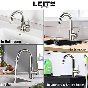 Bathroom Faucet with Pull Out Sprayer LEITECHUWEI Stainless Steel Lead-Free Single Handle Bathroom Sink Faucet Utility Faucet for Bar Mini Kitchen Farmhouse RV Laundry Supply 4In Deck Plate and Hose