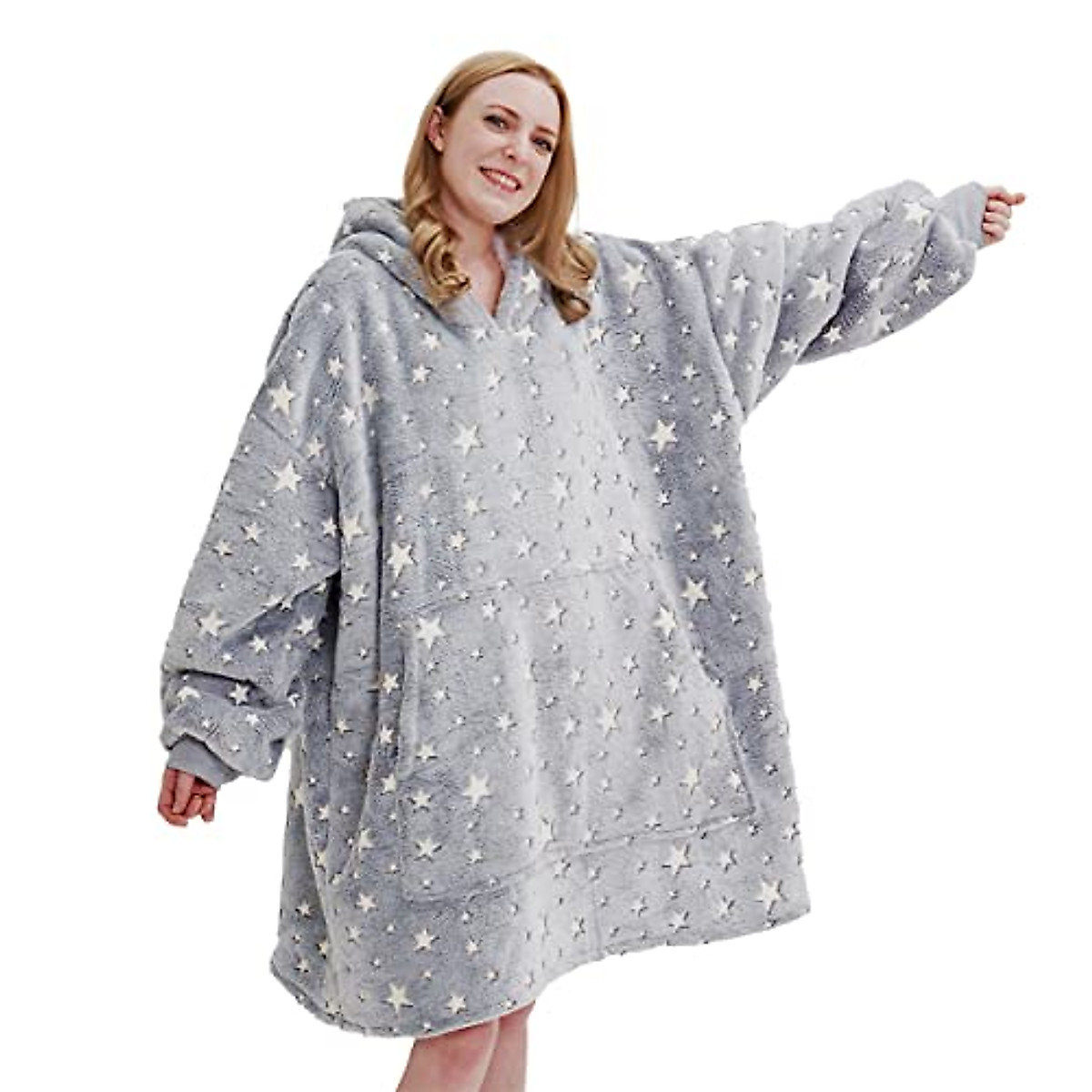 U&O Oversized Glow in Dark Wearable Sherpa Blanket Sweatshirt with Hood & Pocket and Sleeves Luminous Hoodie Blanket (Grey)