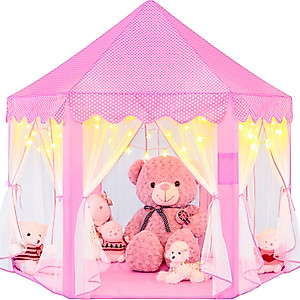 EVOIONOS Princess Tent for Girls, Kids Play Tent with LED Star Lights, Castle Playhouse for Children Indoor Outdoor Games, 55X53 inches, Pink