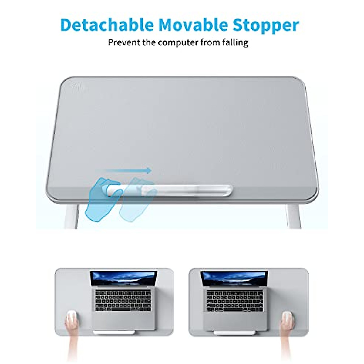 SAIJI Leather Laptop Bed Tray Table, Adjustable Laptop Stand with Removable Stopper, Portable Lap Desks with Foldable Legs, Notebook Stand Breakfast Reading Desk for Sofa Couch(Medium,Gray)