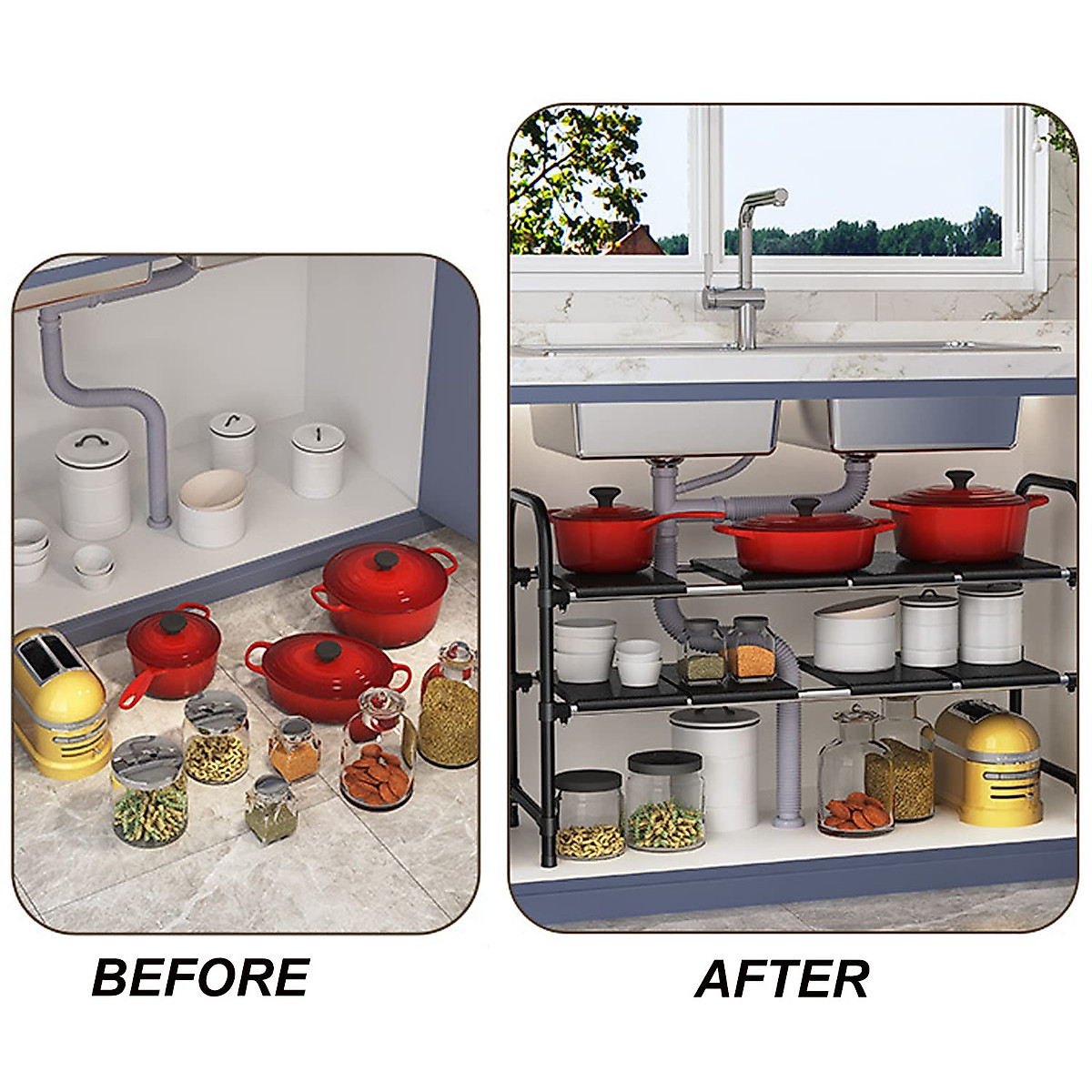 Under Sink Organizer, NEWRAIN 2-Tier Expandable Cabinet Shelf Organizer with Removable Panels, Multi-Use for Under Kitchen Bathroom Sink Organizers and Storage