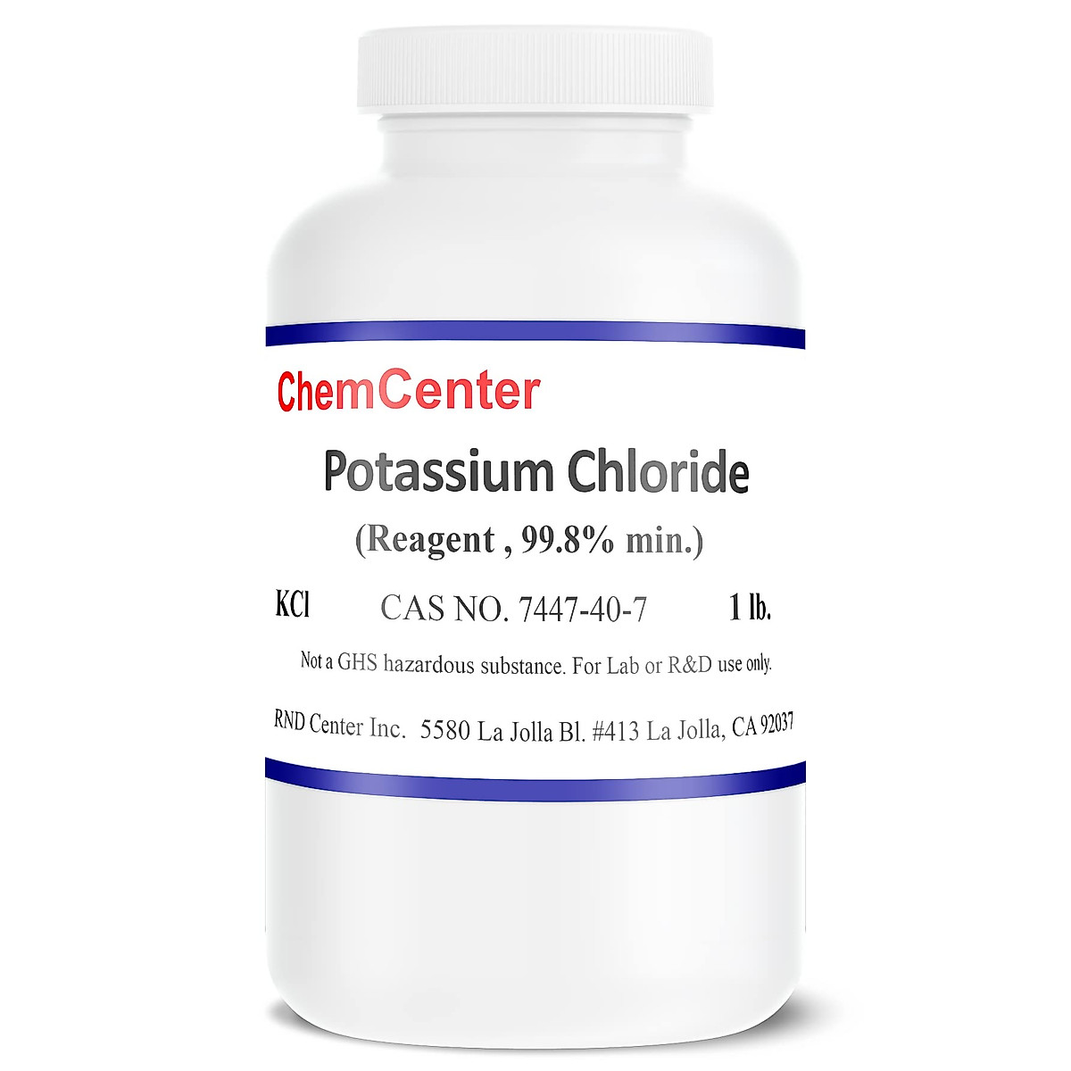 Potassium Chloride, High Purity Crystals, 99.8% min.,1lb. (454 Grams).