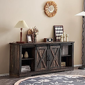 AMERLIFE 66" Farmhouse TV Stand for 75 Inches TVs, Entertainment Center with Sliding Barn Door and Adjustable Shelf & Feet, Console Table with Storage, Dark Rustic Oak