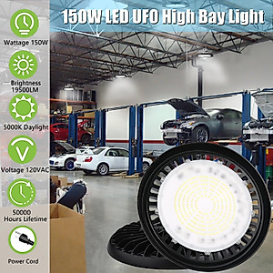 2 Pack LED High Bay Light with US Plug 6FT Cable, 120V 150W 19500LM 5000K Daylight, 600W-800W HID/HPS Equivalent, UL IP65 Commercial Warehouse Lighting for Workshop,Garage, Gym,Factory, Non-Dim