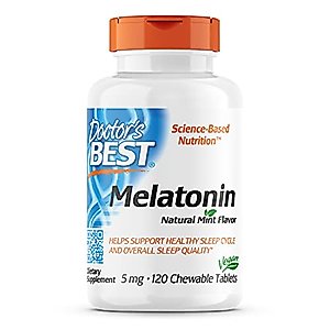 Doctor's Best Melatonin, Helps Promote Healthy Sleep, Jet-Lag, Brain Health & Cognitive Function, Non-GMO, Vegan, Gluten Free, 5 Mg, 120 Chewable Tablets