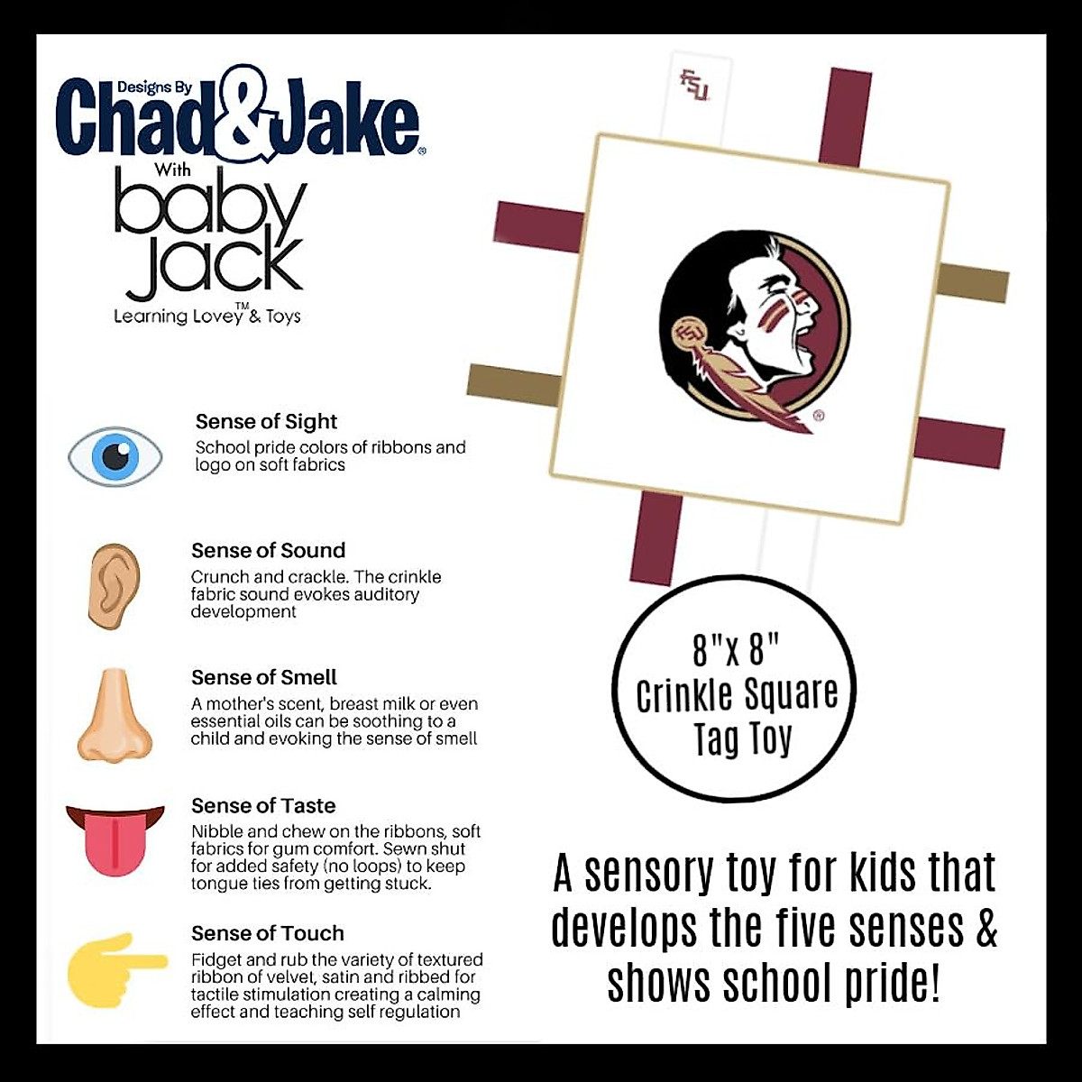 The Learning Lovey Florida State University Baby Tag Toy - College Baby Sensory Crinkle Toys - Soft & Safe - Ideal Baby Stroller Toy - BPA Free w/Stroller Clip (8" x 8" Tag Toy)