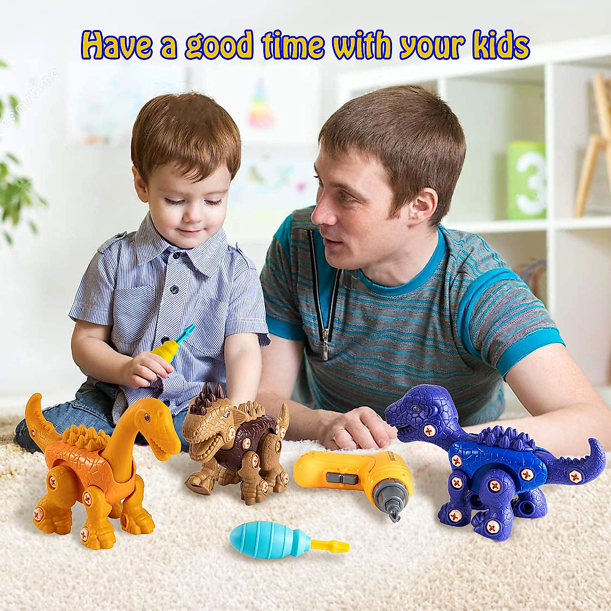 Funsland Take Apart Dinosaur Toys for Kids 3-5 Stem Dinosaur Toys with Electric & Hand Drills Dino Building Toy Set 4 Pack