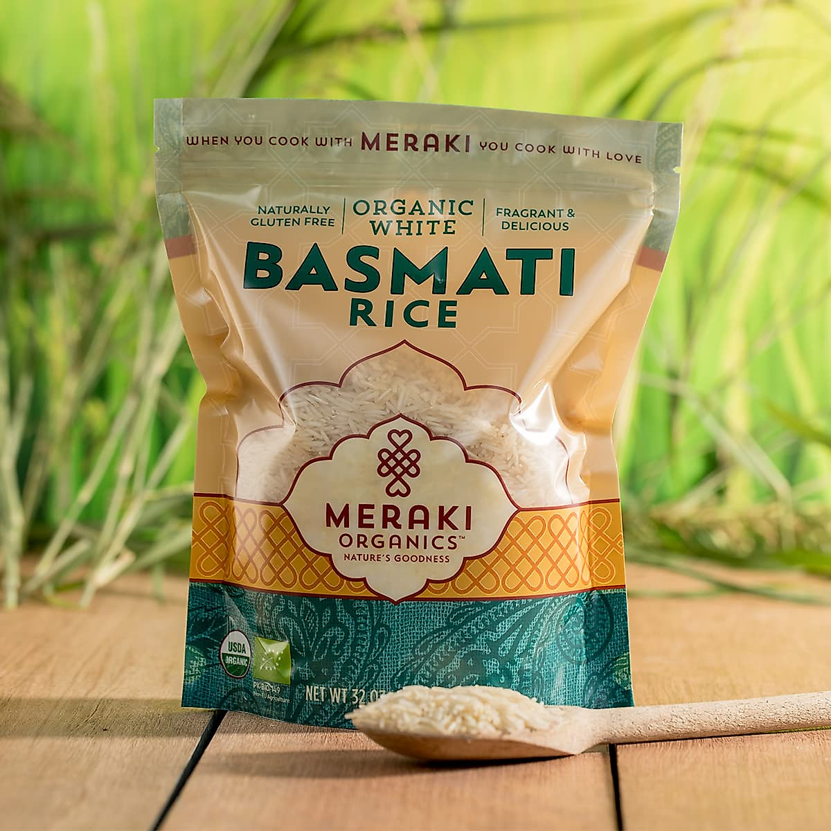 Meraki Organic White Basmati Rice 2 LB Bag - Pleasant Aroma, Thin, Extra Long Separated Fluffy Texture - Authentic Rice from Punjab, 100% USDA Certified Organic, Gluten-Free, Non-GMO, Vegan, Halal Kosher Low Sodium & Delicious No Artificial Flavors