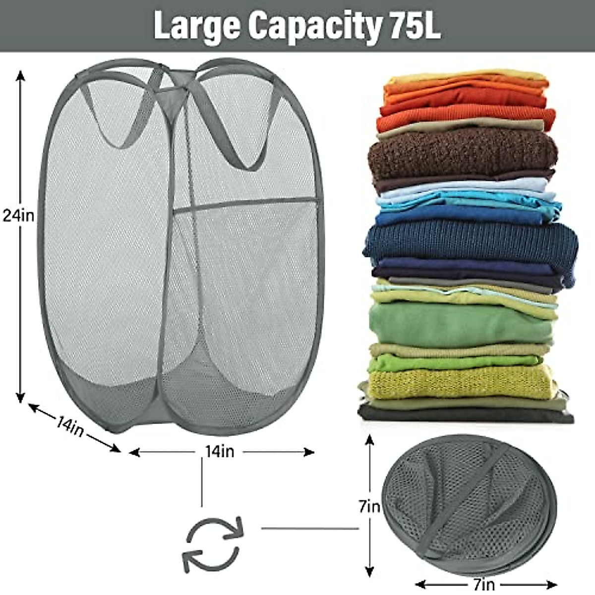 BATTOO 3 Pack Collapsible Laundry Basket Strong Mesh Pop Up Laundry Hamper for Laundry Foldable Hampers with Side Pocket Reinforced Handles for Bathroom, Kids Room, College Dorm or Travel Grey