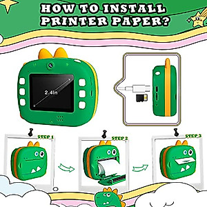 WQ Kids Camera Instant Print, 1080P Dinosaur Digital Print Camera for Kids with Dual Lens,Selfie Video Camera with Phone Connected,Zero Ink Instant Print Camera Ideal Gift for Boys Girls 3-12