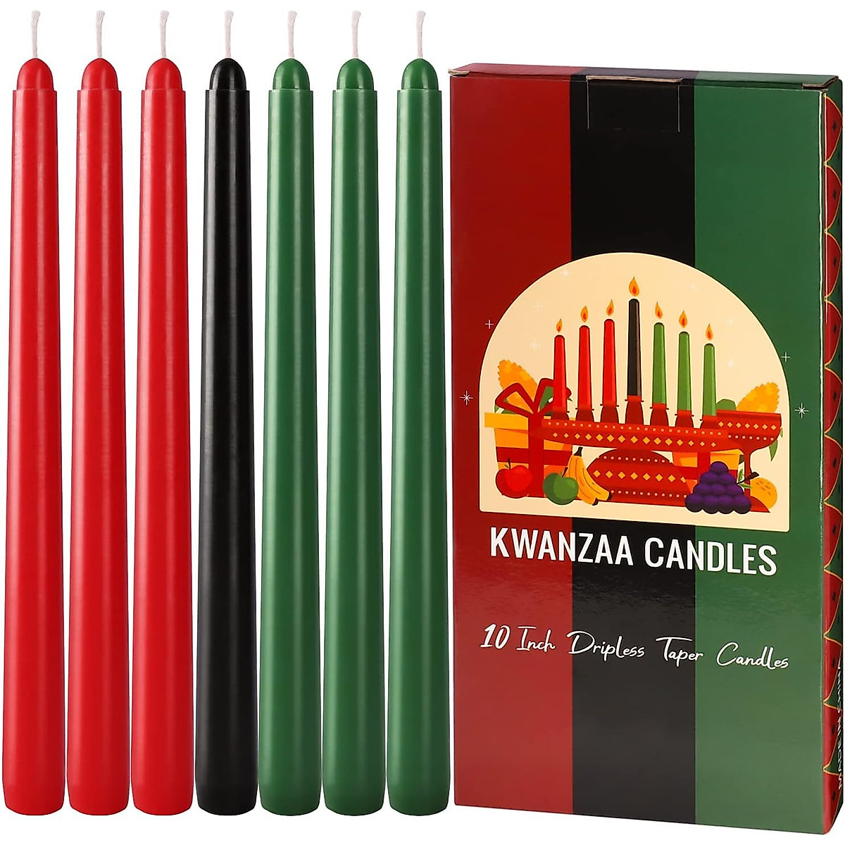 Set of 7 Kwanzaa Taper Candles, 3 Red, 3 Green, 1 Black Mishumaa Saba Candle Set, 10 Inch Dripless Tall Candle Stick for Kwanzaa, 7-7.5 Hour Burn Time