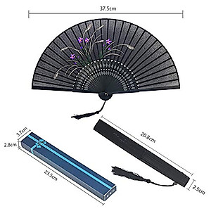 Black Hand Fan Metable Silk Fabric Orchid Pattern Bamboo Handheld Folding Fan Chinese Oriental Style Handmade For DIY Wall Decoration Wedding Party Dancing Show Props Gift Boxed